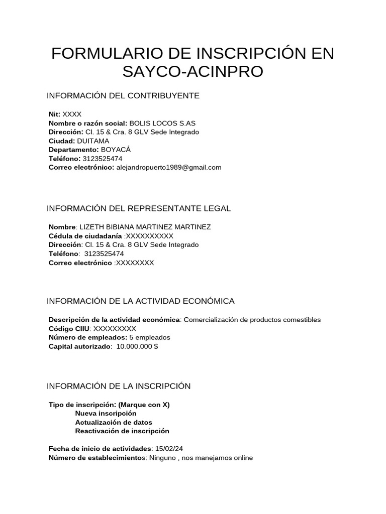 Formulario de Inscripción en Sayco-Acinpro | PDF