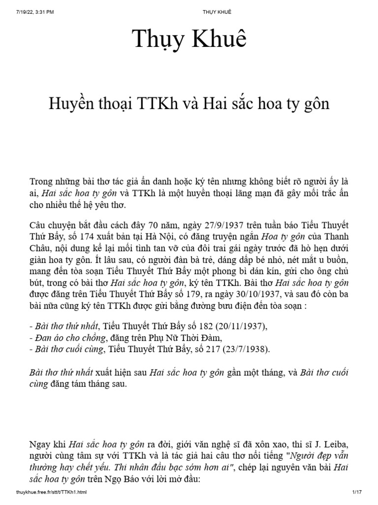 Huyền Thoại TTKH Và Hai Sắc Hoa Ty Gôn - Thụy Khuê | PDF