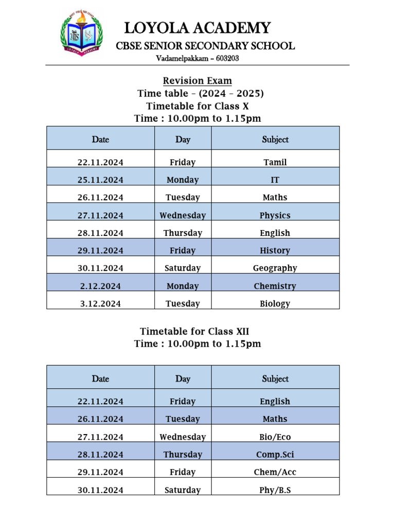 Revision Test Time Table (STD X & XII) | PDF | Technology & Engineering