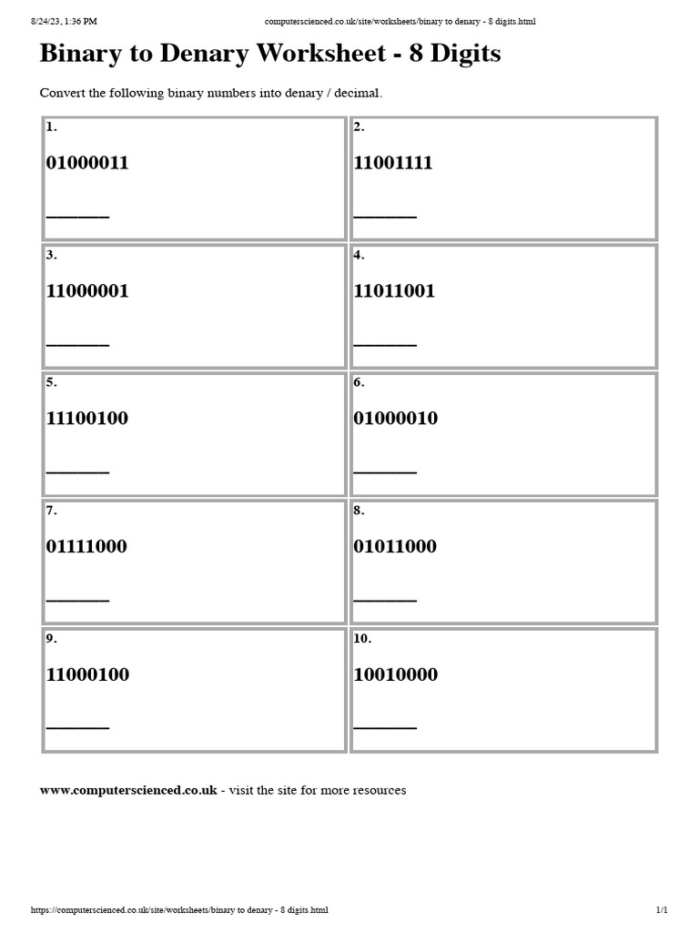 Binary To Denary Exercises | PDF | Decimal | Computer Architecture