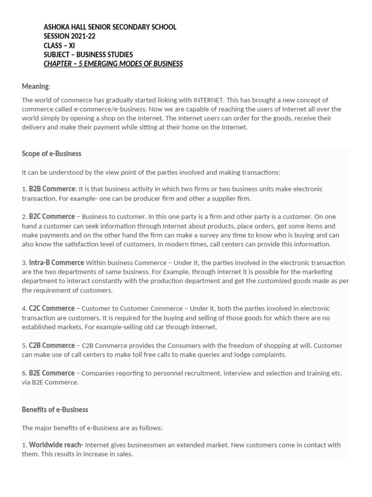 Class 11 Business Studies Chapter 5 Emerging Modes of Business | PDF ...