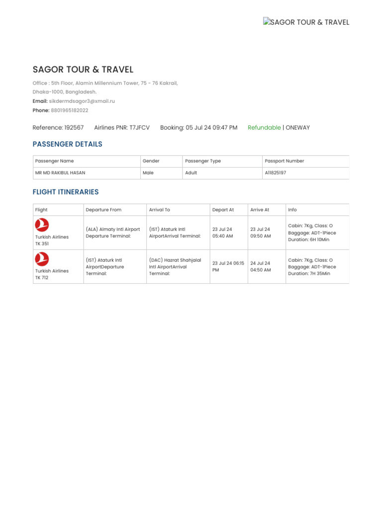 Turkish Airlines Flight Itinerary | PDF