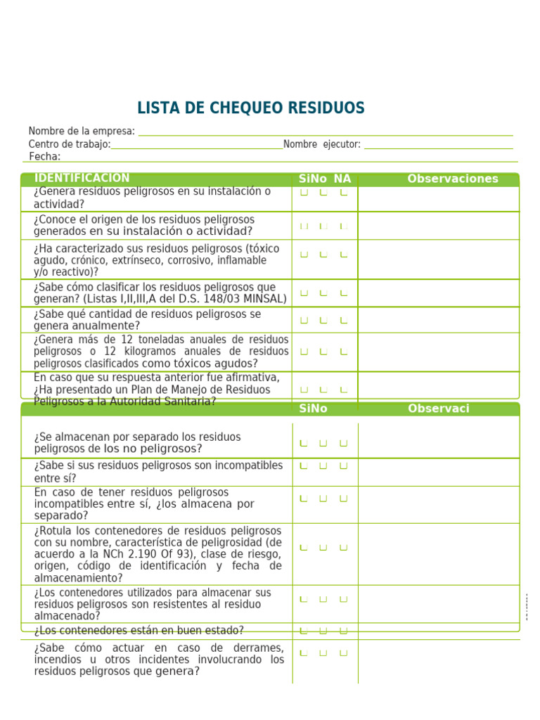 Check List Ds 148 Residuos | PDF | Residuos | Cuestiones ambientales