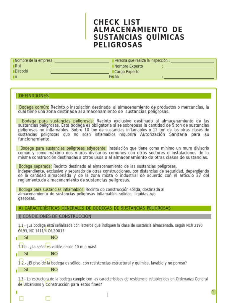 Check List Almacenamiento de Sustancias Químicas Peligrosas | PDF