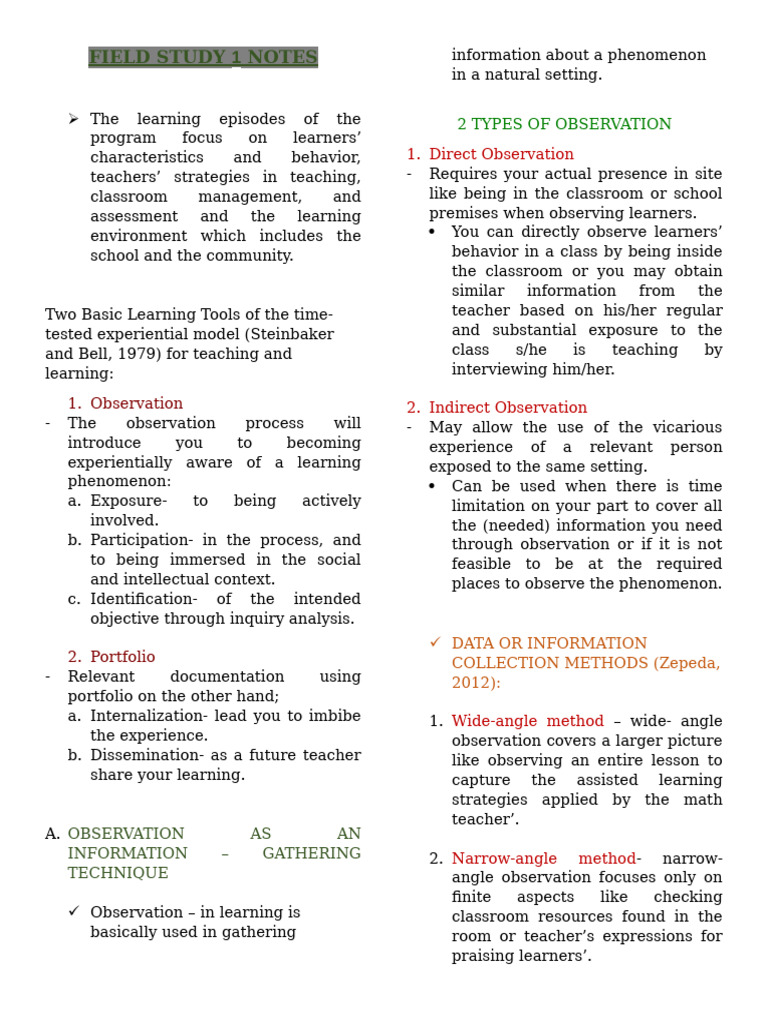 Field Study NOTES | PDF | Learning | Information