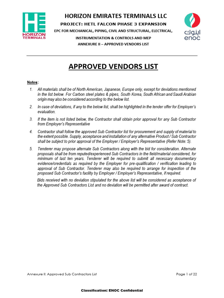 Approved Vendors for HETL Project | PDF | Pump
