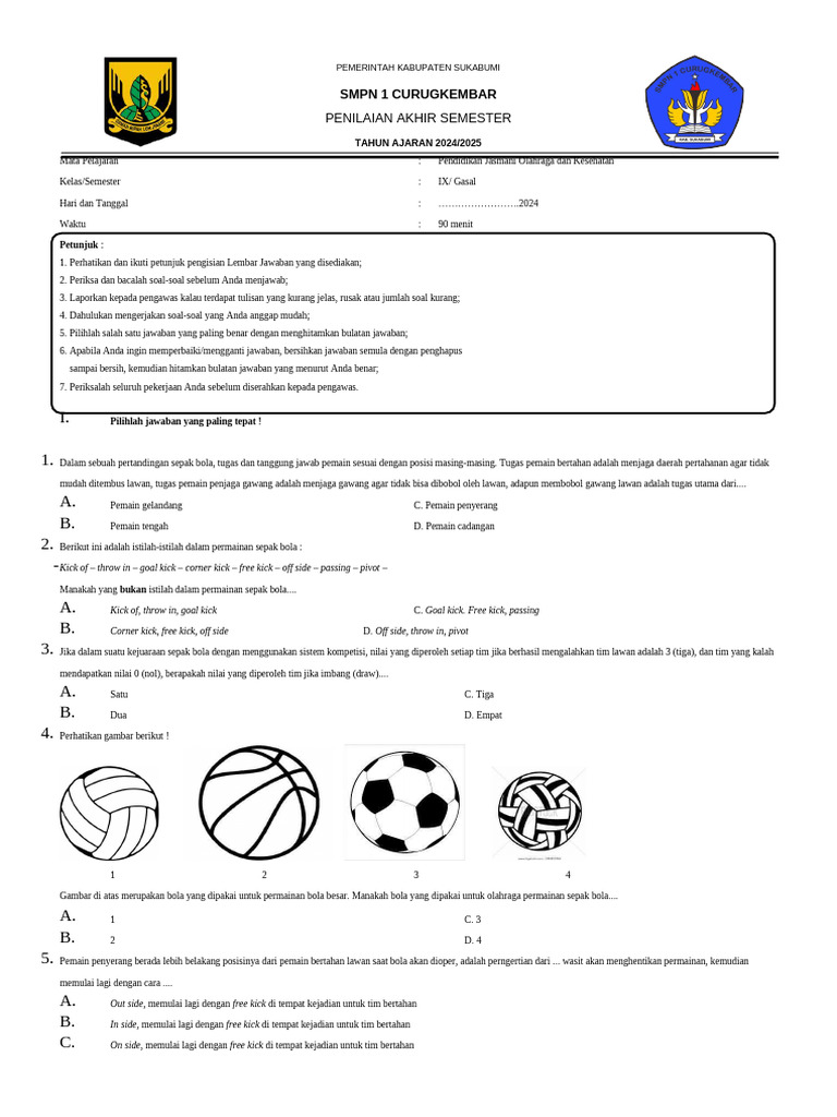 Soal Pas Pjok Kls 9 k13 Curkem 1 | PDF