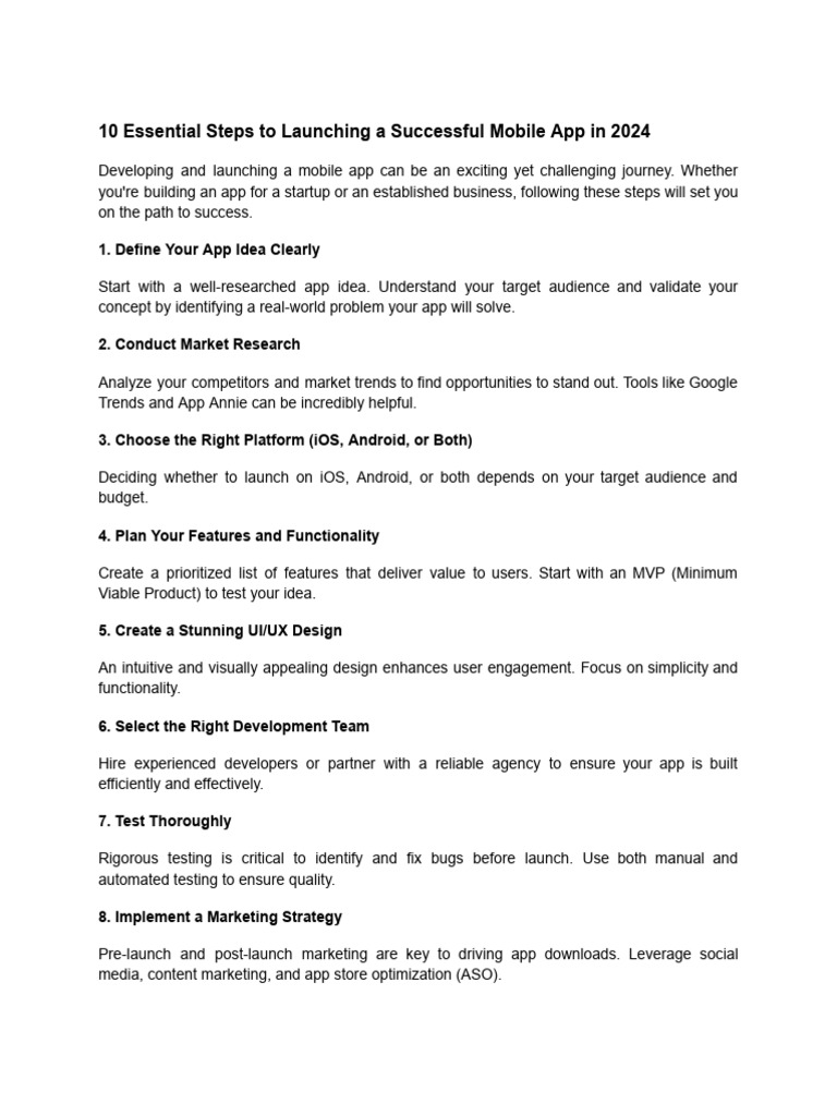 10 Essential Steps To Launching A Successful Mobile App in 2024 | PDF 10 Essential Steps To Launching A Successful Mobile App in 2024 | PDF
