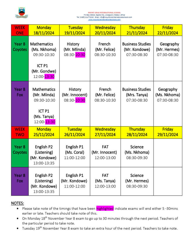 Year 8 Eot1 Exam Timetable | PDF