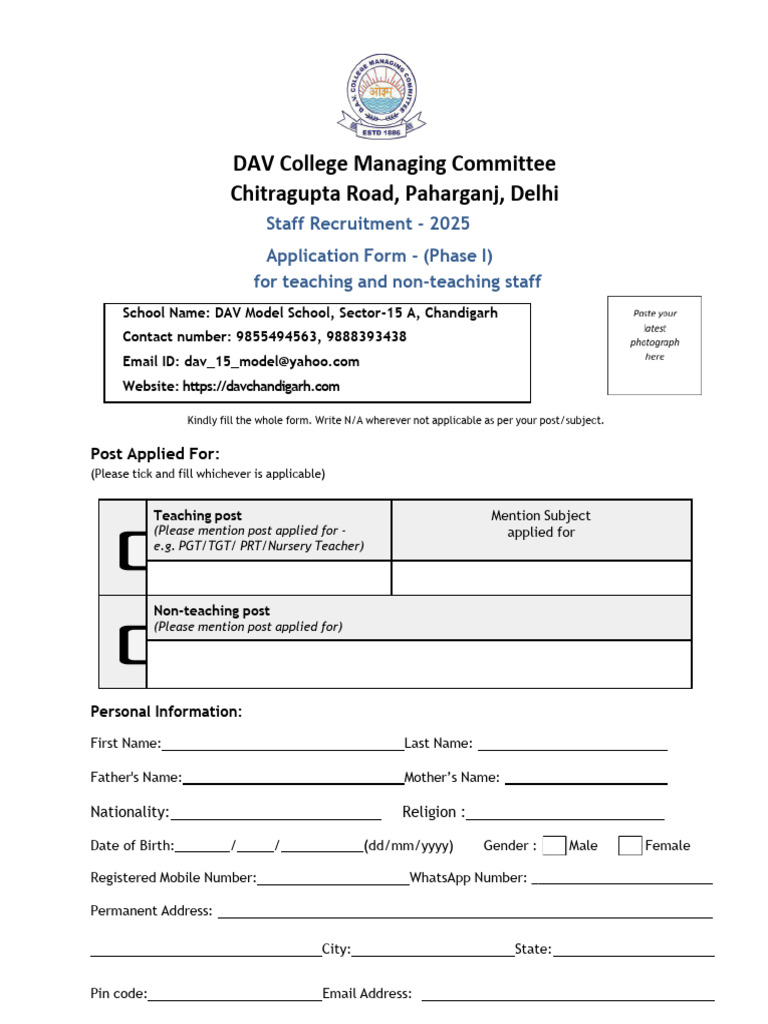 DAV Chandigarh Recruitment Form Mohit | PDF