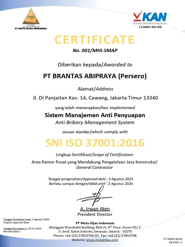 001 Sertifikat SMAP SNI ISO 37001 - 2016 PT Brantas Abipraya (Persero) - Re - 2023 | PDF