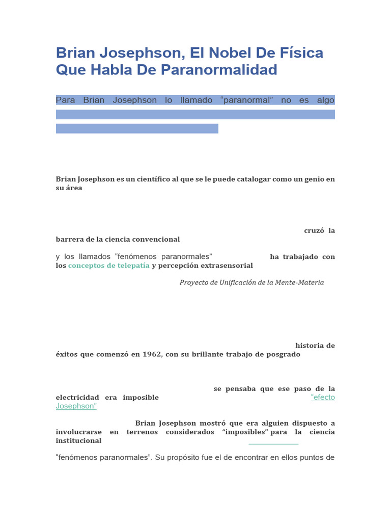 Brian Josephson, El Nobel de Física Que Habla de Paranormalidad | PDF ...