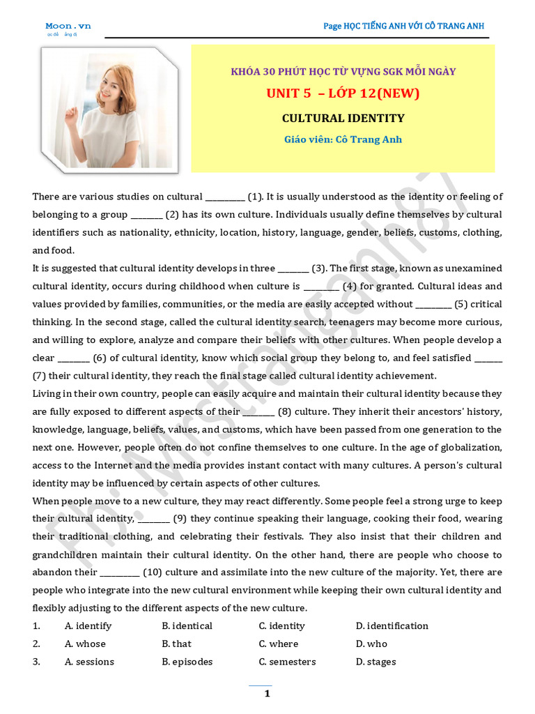 Lop 12 New Unit 5 Cultural Identity Doc Dien 129514 5122022113038PM | PDF | Identity (Social ...