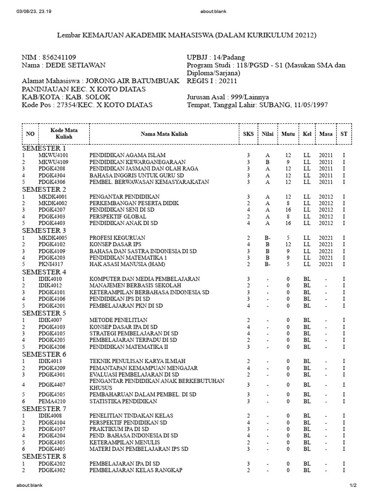 Kartu Hasil Studi | PDF