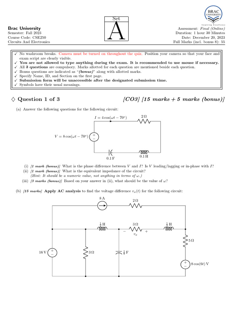 CSE250 - Final - Fall - 23 - Set - A | PDF | Electrical Network | Electronic Engineering