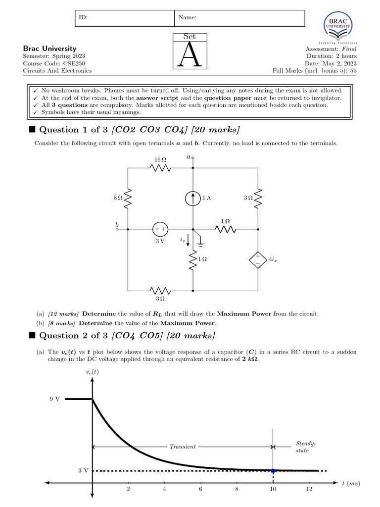 CSE250 - Final - Spring - 23 - Set - A | PDF | Electrical Network | Electrical Components