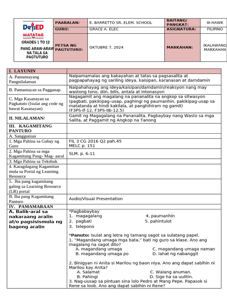 Q2 - DLP FILIPINO - Week 1-2 Day 1 | PDF