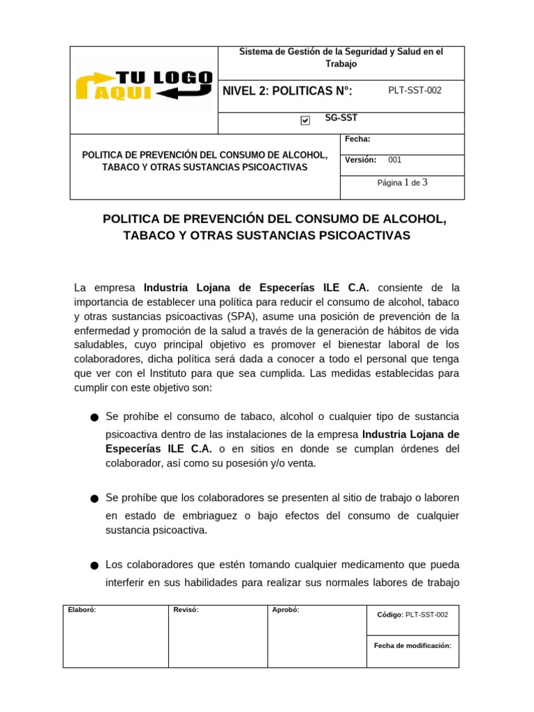 PLT-SST-002 Política de Prevención Del Consumo de Alcohol, Tabaco y Otras Sustancias ...