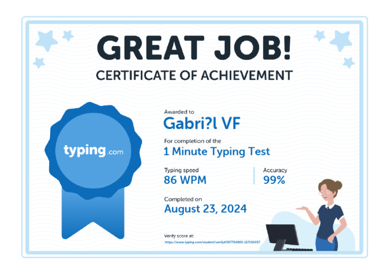 Gabri?l VF: 1 Minute Typing Test 86 WPM 99% August 23, 2024 | PDF