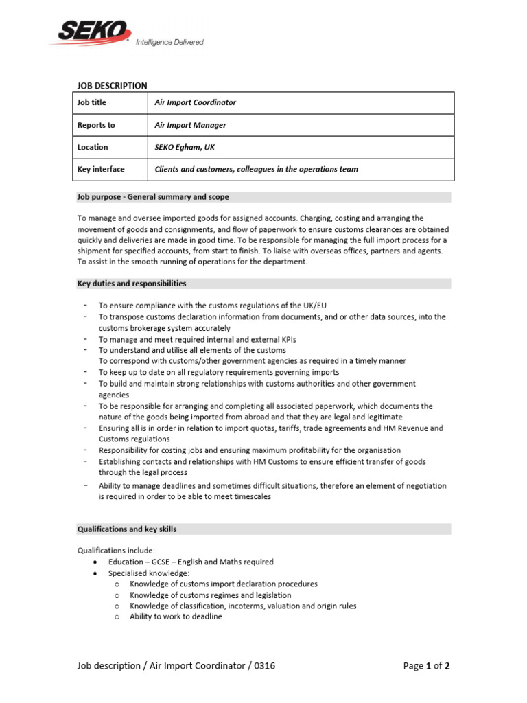 Air Import Coordinator | PDF | Customs | Occupational Safety And Health