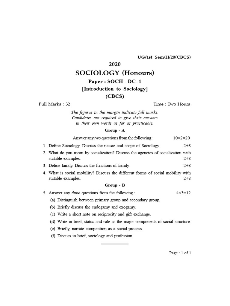 SOCIOLOGY (Honours) : Paper: SOCH - DC-1 (Introduction To Sociology) (CBCS) | PDF