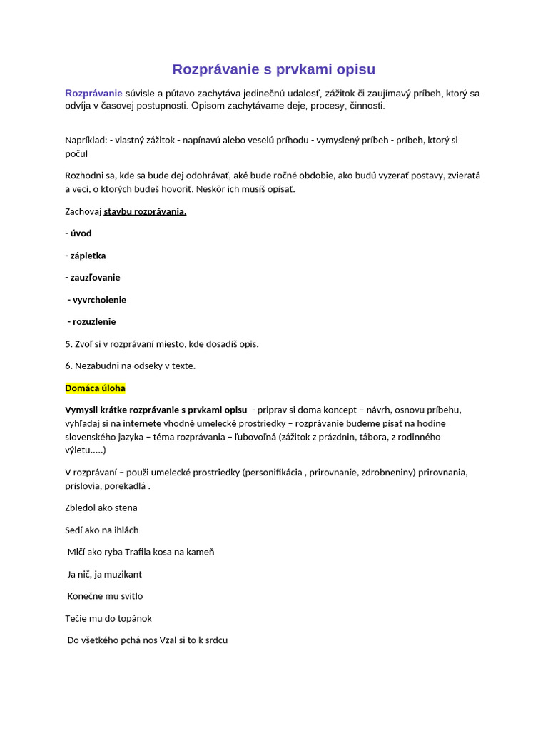 RozprÃ¡vanie S Prvkami Opisu | PDF