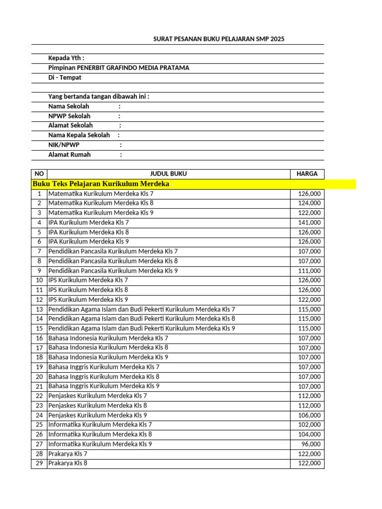 Daftar Harga Buku SMP Kurikulum Merdeka 2025 | PDF