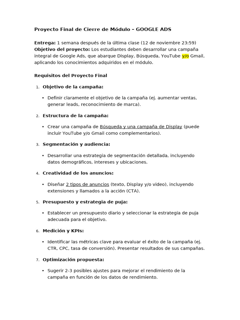 Proyecto Final de Cierre de Módulo Google Ads - UNIFRANZ | PDF