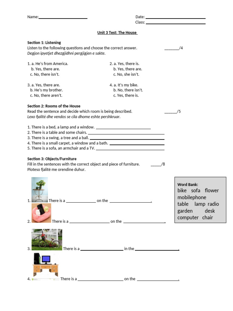 Unit 3 English Test: My Home | PDF | Interior Design | Furniture