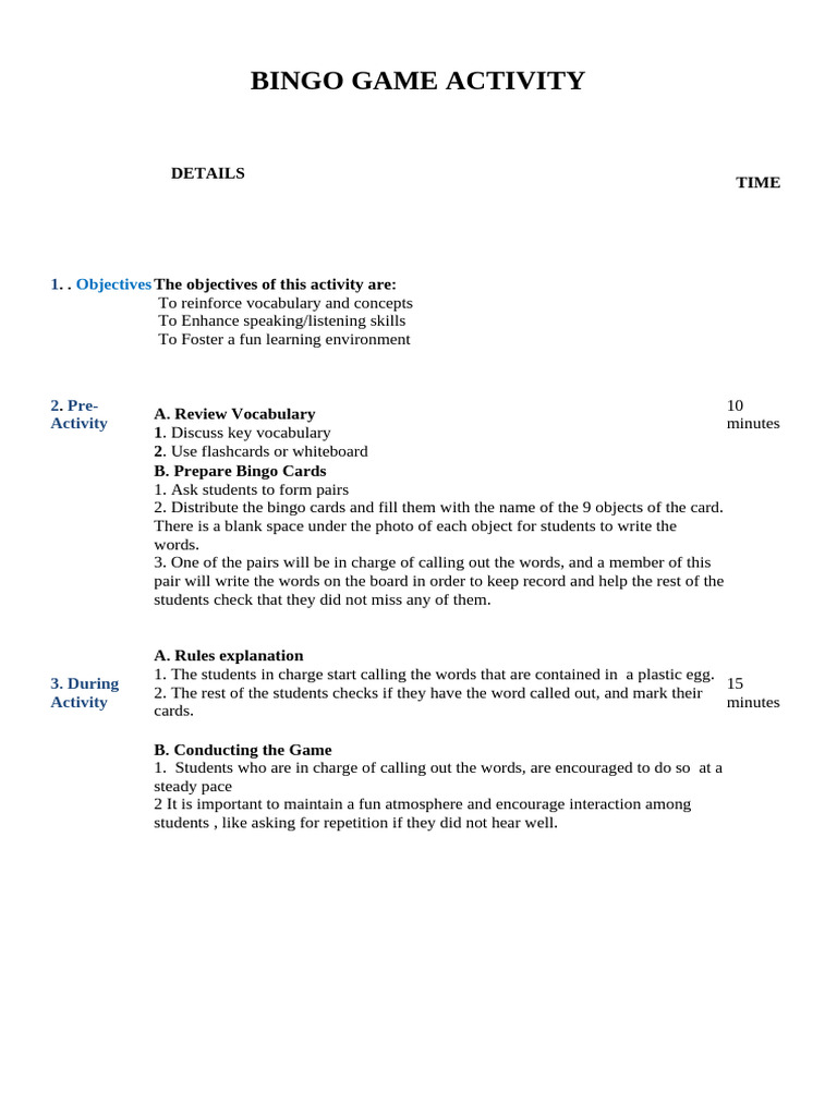BINGO PLAN activity | PDF | Vocabulary | Linguistics
