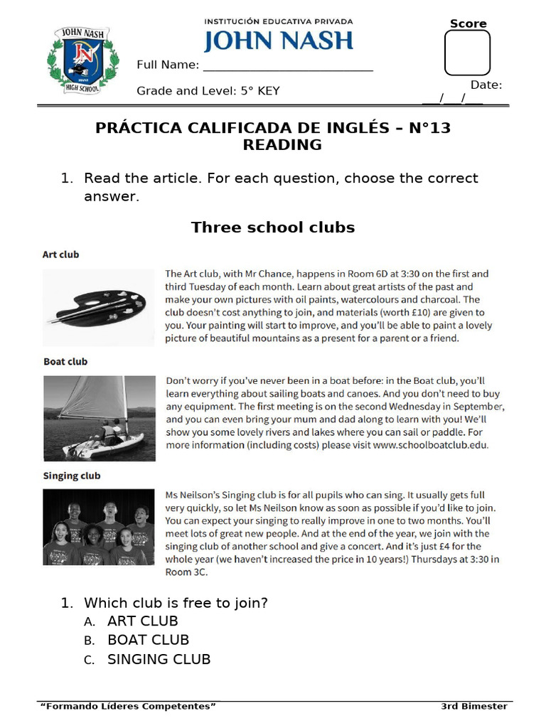 5º KEY - PC13 (Reading) - PAULA CASTRO | PDF