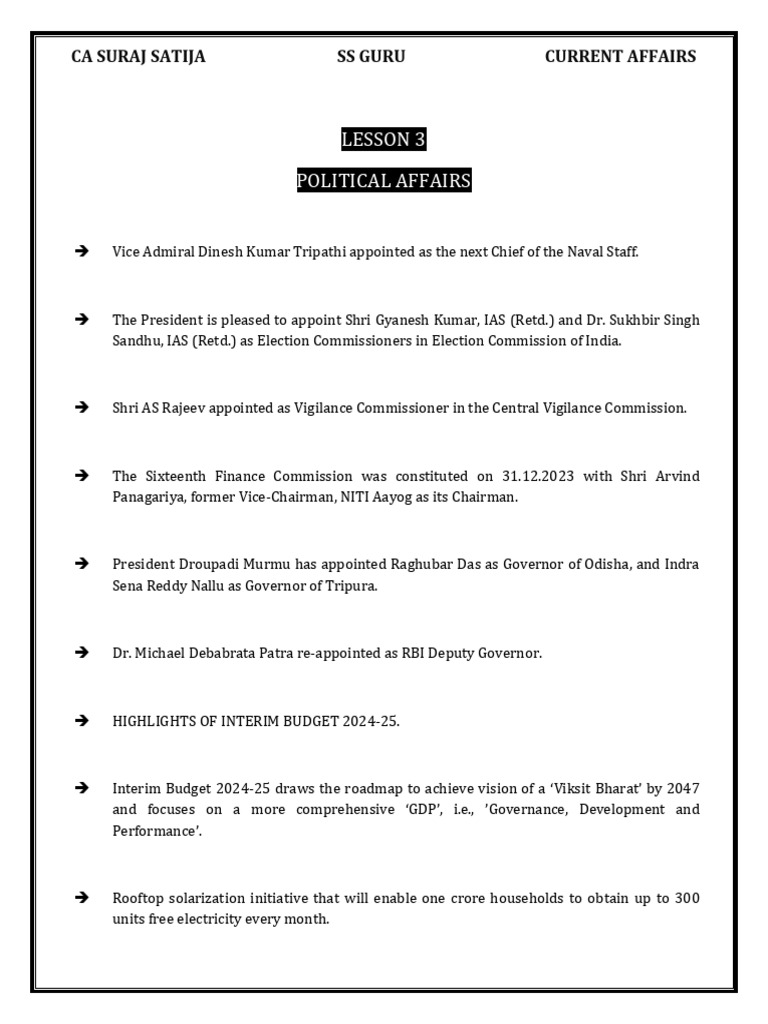 Political Affairs (One Liner) | PDF | Government Of India