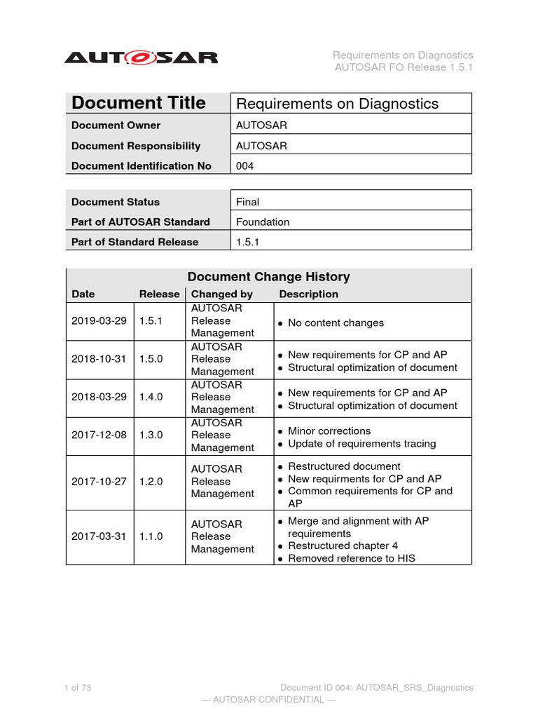 Autosar Srs Diagnostics Pdf Computer Memory Specification Technical Standard