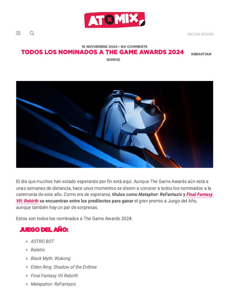 TODOS Los Nominados A The Game Awards 2024 - Atomix | PDF | Juego de azar | Videojuego Gameplay