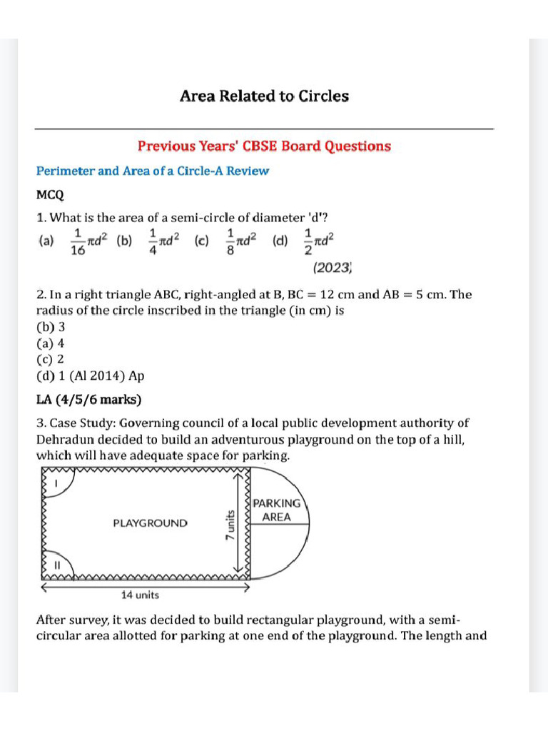 Area Related To Circle SET 1 Question Paper | PDF