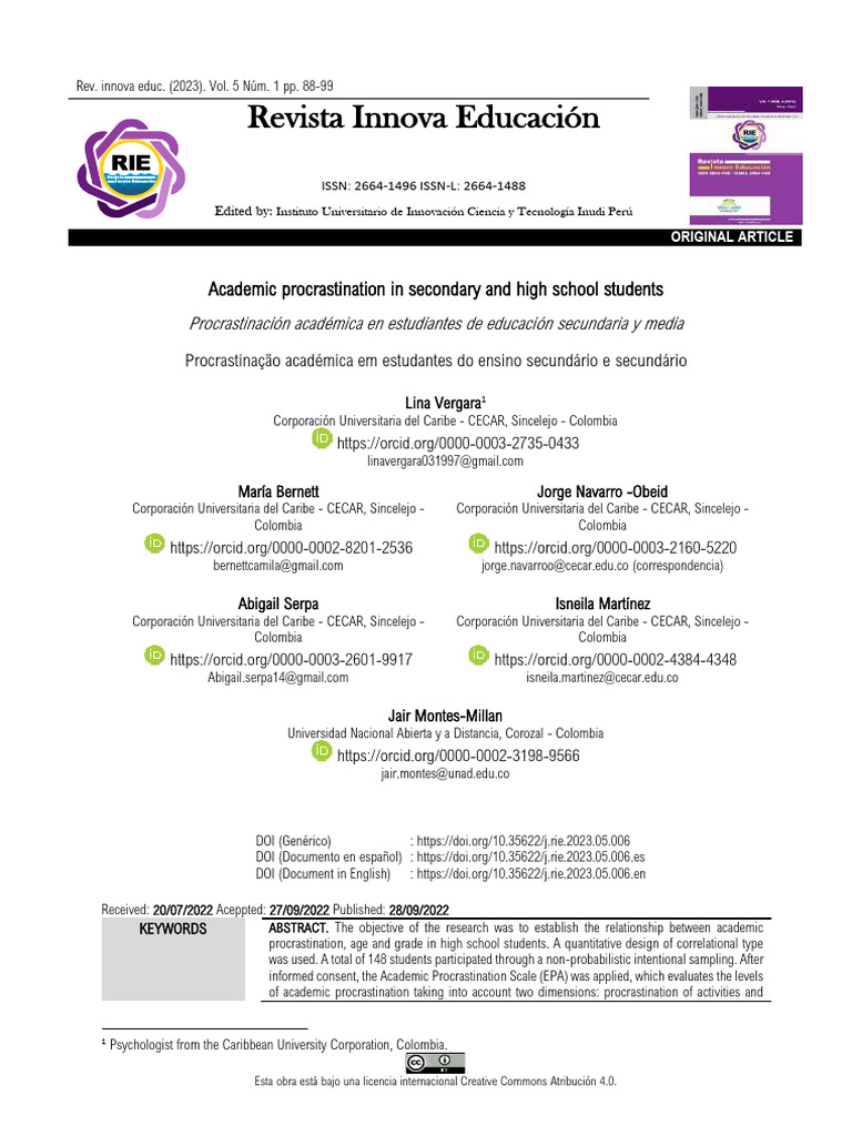 Revista Innova Educación: Academic Procrastination in Secondary and ...