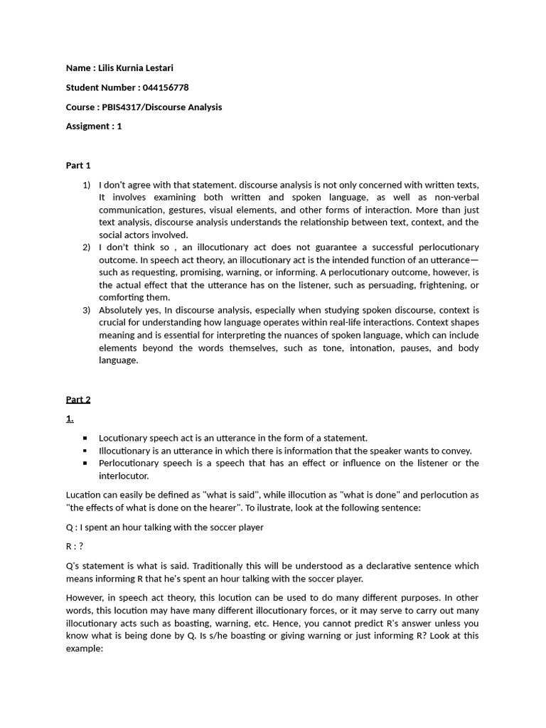 Assignment 1 Discourse Analysis Lilis Kurnia | PDF | Nonverbal Communication | Semiotics
