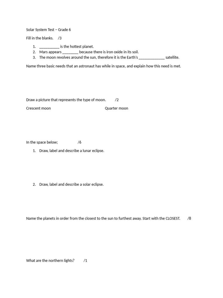 Grade 6 Solar System Test | PDF