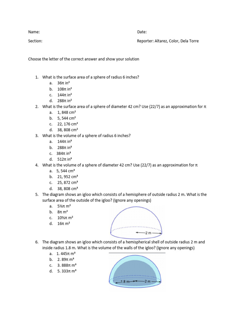 Math 5 Quiz | PDF | Sphere | Space