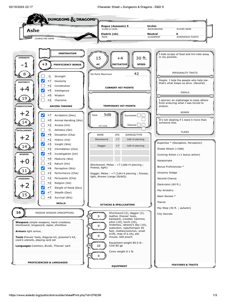 D&D 5E Character Sheet: Ashe the Rogue | PDF | Role Playing Video Games ...