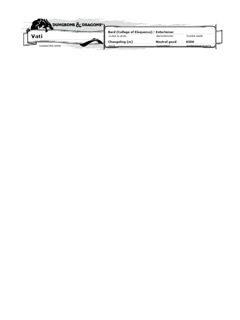 Vati: Changeling Bard Character Sheet | PDF