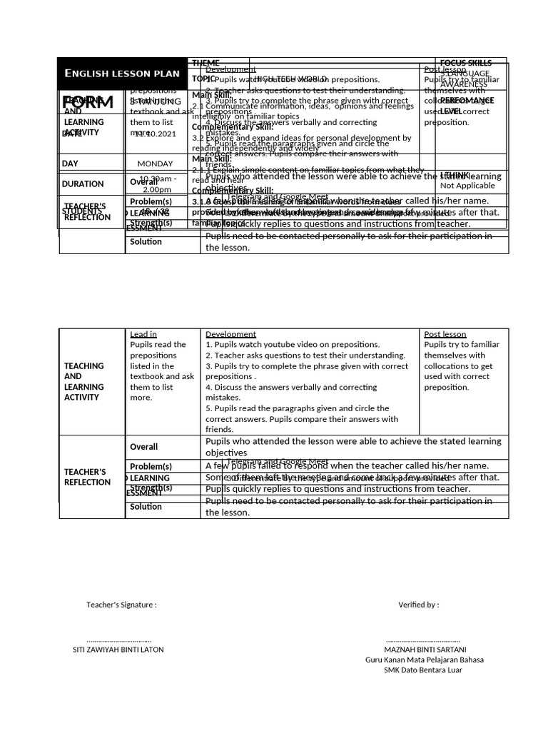 English Lesson Plan Week 34 | PDF | Reading Comprehension | Lesson Plan