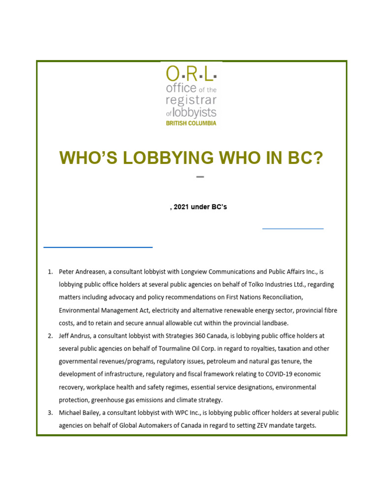 BC Lobbying Activity November 2021 | PDF | Employment | Canada