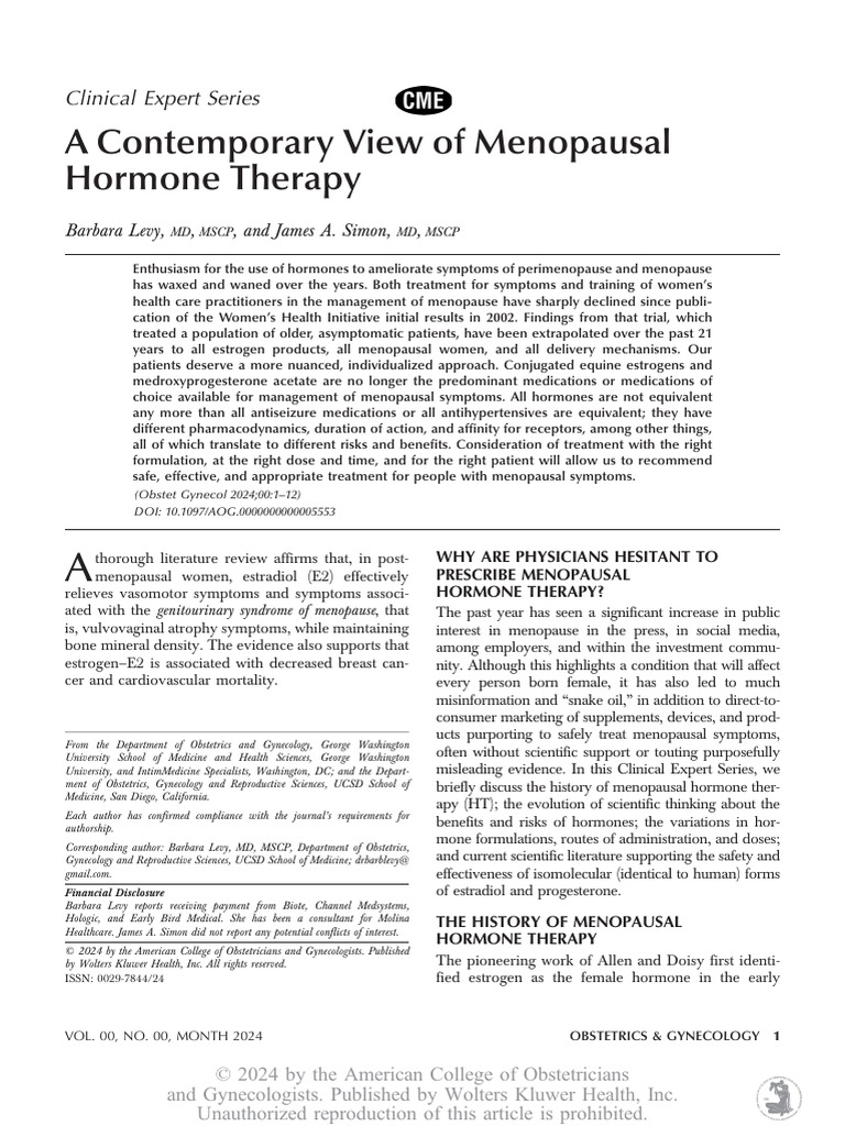 ACOG Contemporary View of Menopausal Hormone Therapy | PDF | Hormone ...
