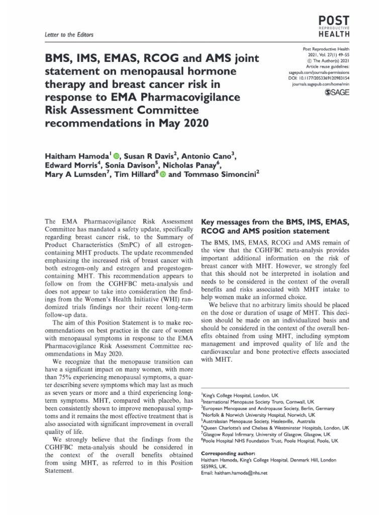 BMS, IMS, EMAS, RCOG and AMS Joint Statement On Menopausal Hormone ...