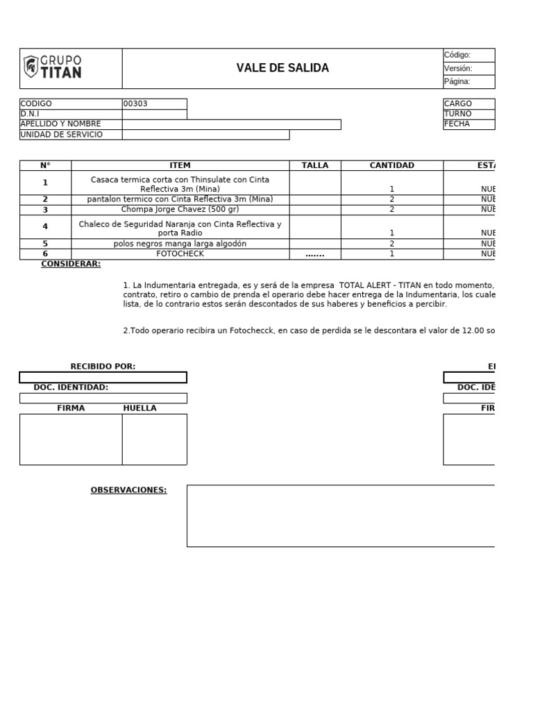 Nuevo Formato de Vale de Salida | PDF | Ropa | Moda