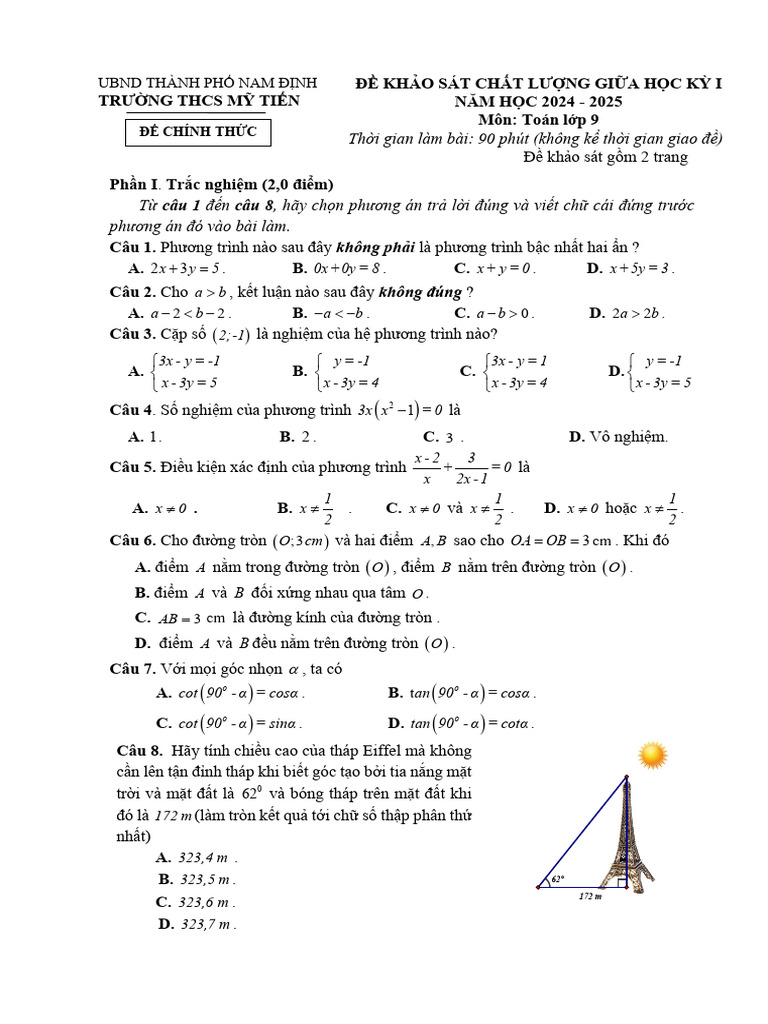 De Giua Hoc Ky 1 Toan 9 Nam 2024 2025 Truong Thcs My Tien Nam Dinh | PDF