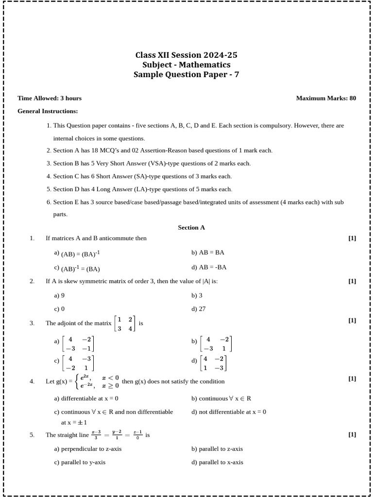 Sample Paper Class 12 Maths | PDF | Matrix (Mathematics) | Algebra
