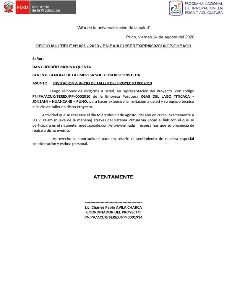Invitación a Taller del Proyecto PNIPA 2020 | PDF | Negocios