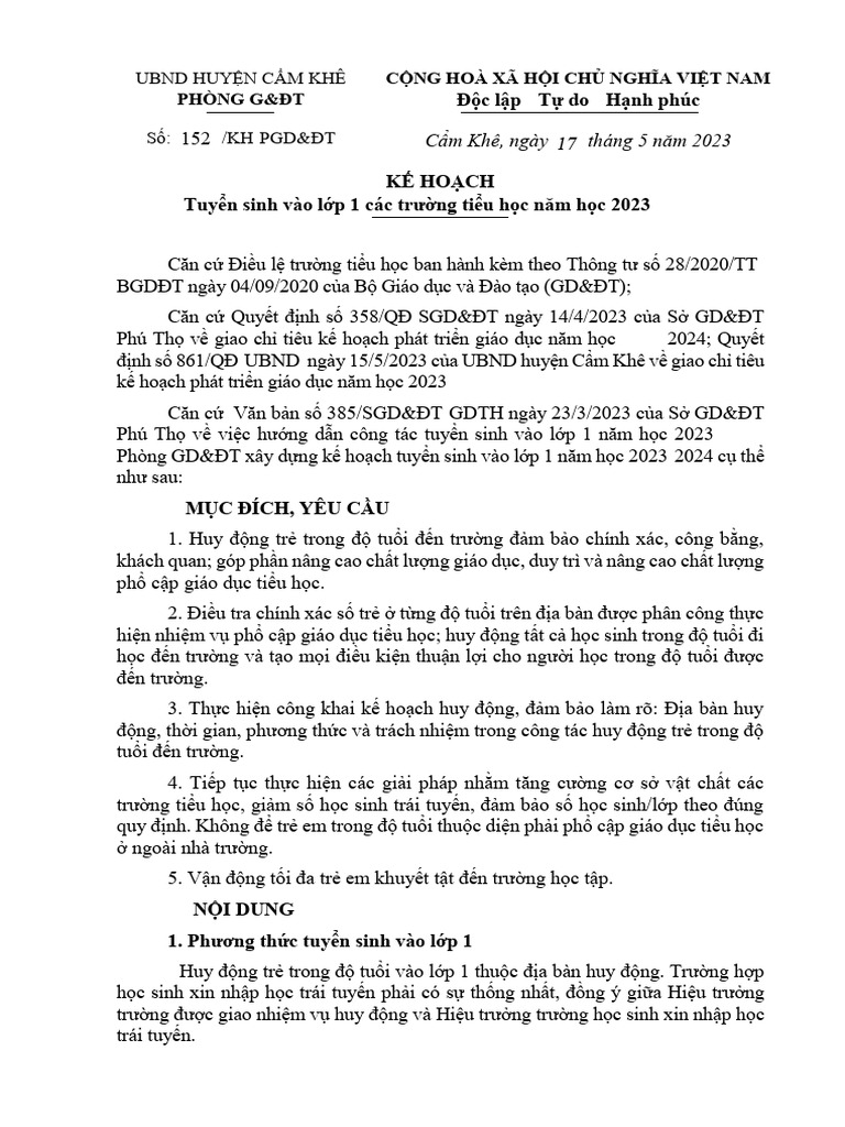 Ke Hoach Tuyen Sinh 2023-2024 - PGD | PDF